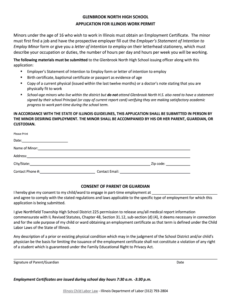 Fillable Online GLENBROOK NORTH HIGH SCHOOL APPLICATION FOR ILLINOIS ...