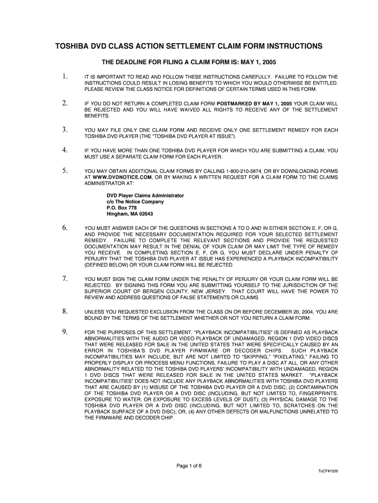 Fillable Online TOSHIBA DVD CLASS ACTION SETTLEMENT CLAIM FORM ...