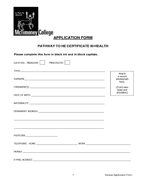 Fillable Online Pathway to HE Cert in Health Application form ...