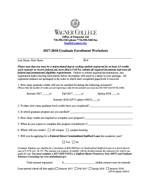Fillable Online 2017-2018 Graduate Enrollment Worksheet - Wagner ...
