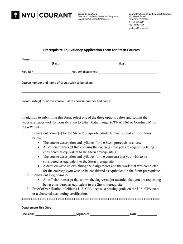 Fillable Online Prerequisite Equivalency Application Form for Stern Fax Email Print - pdfFiller