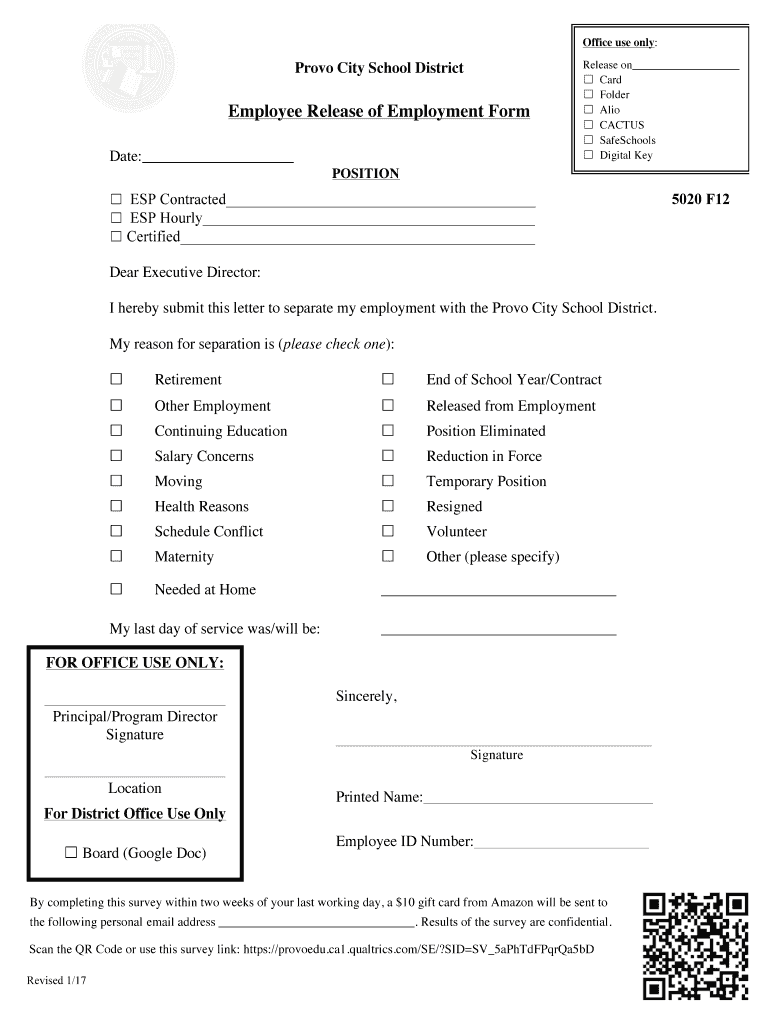 Fillable Online 5020 Form 12 Release of Employment - Provo City School ...