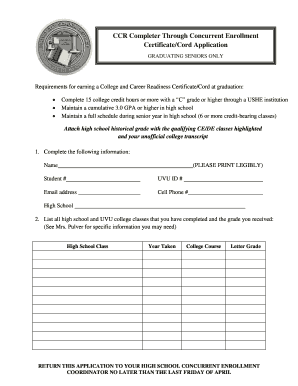 Fillable Online CCR Completer Through Concurrent Enrollment Certificate/Cord ... Fax Email Print ...