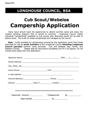 Fillable Online Cub Webelos Campership Application 2017 ... - Longhouse ...