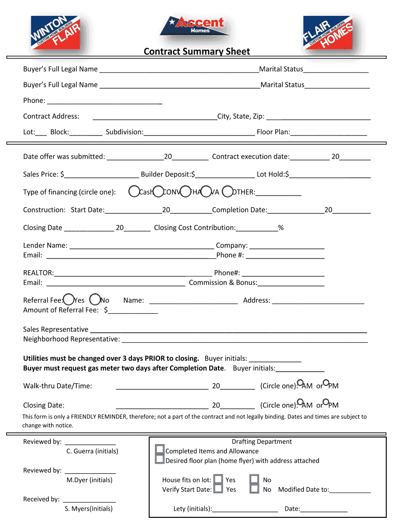 Fillable Online Contract Summary Sheet - Accent Homes Fax Email Print ...