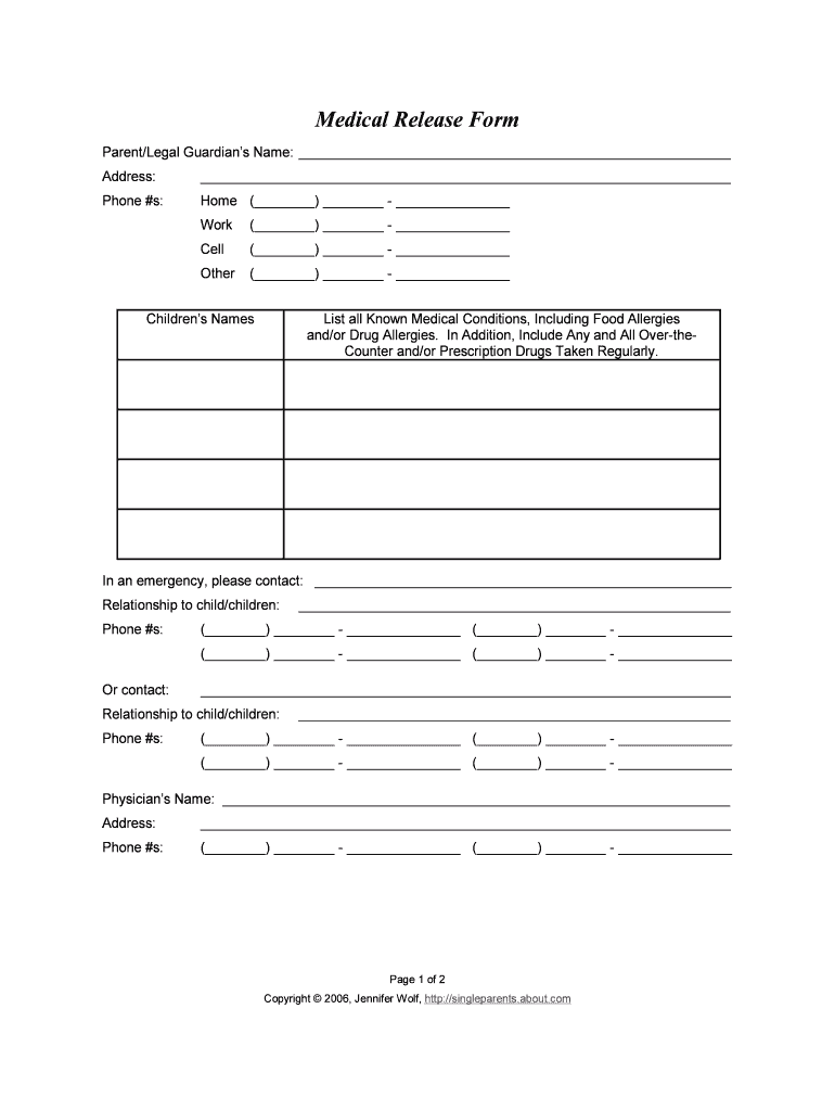 Fillable Online Printable Medical Release Form for Parents Fax Email ...