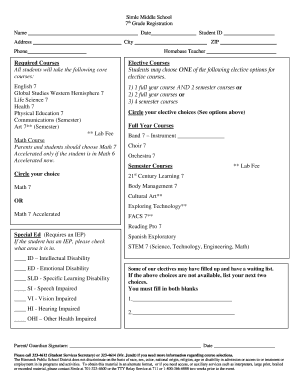 Fillable Online Simle Middle School 7 Grade Registration Name Date ...