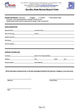 Fillable Online gas well bond release request form - City of Denton Fax ...