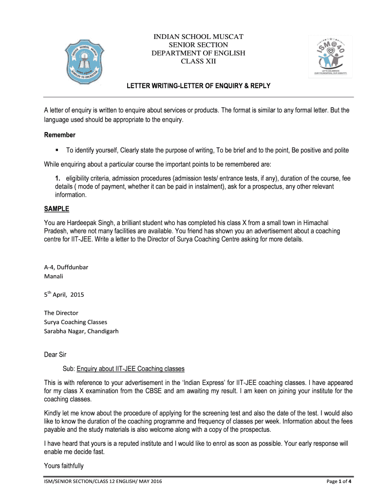 Letter Of Enquiry Format Class 10 - Fill Online, Printable, Fillable ...