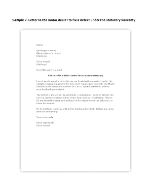 Fillable Online Sample 7: Letter to the motor dealer to fix a defect ...