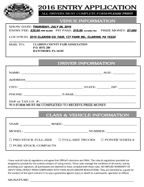 Fillable Online 2016 ENTRY APPLICATION - Clarion County Fair Fax Email ...