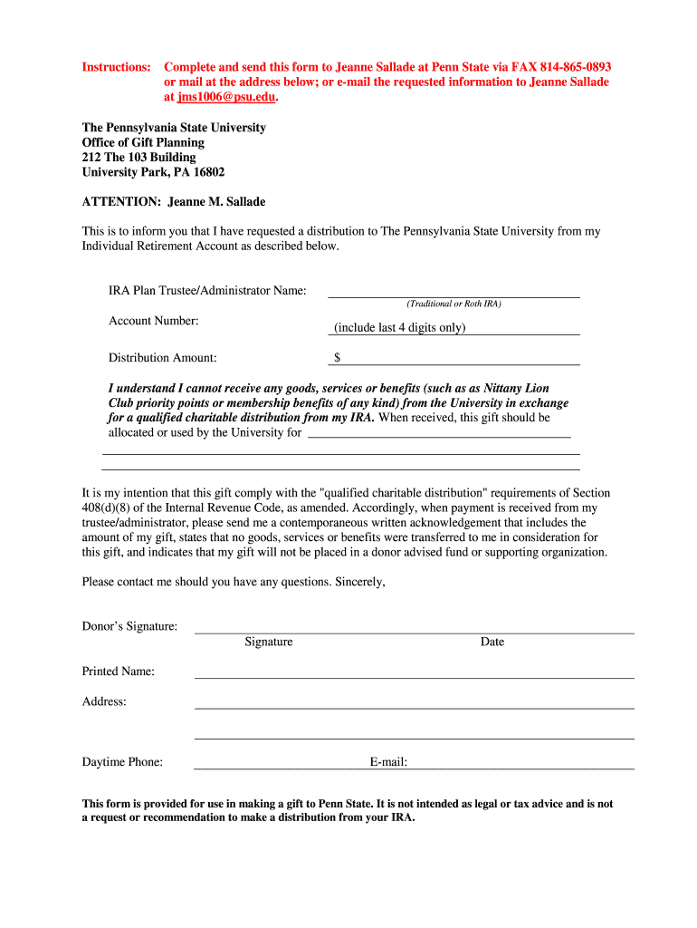 Fillable Online Sample Letter from Donor Informing Penn State of ...