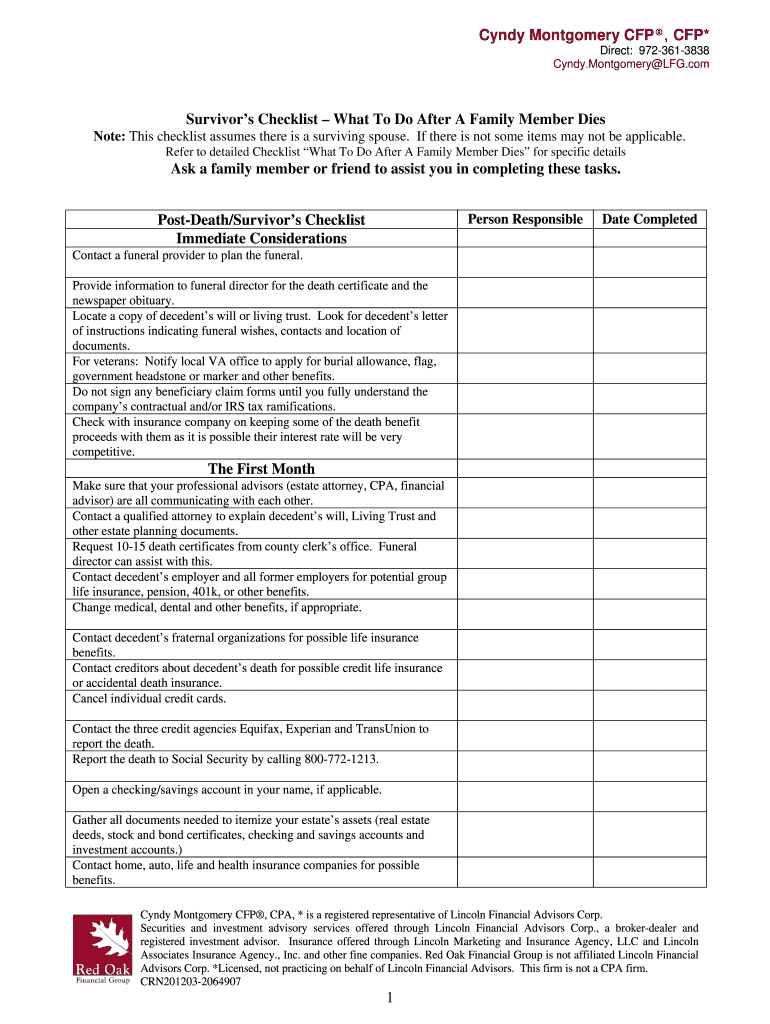 Fillable Online 1 Post-Death/Survivor's Checklist Immediate ...