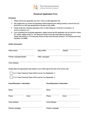 Fillable Online Preschool Application Form - The Discovery School Fax ...