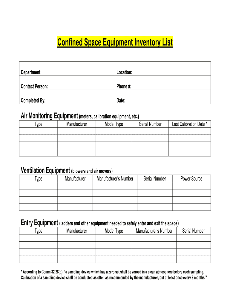 Fillable Online Confined Space Equipment Inventory List - UWM Fax Email ...