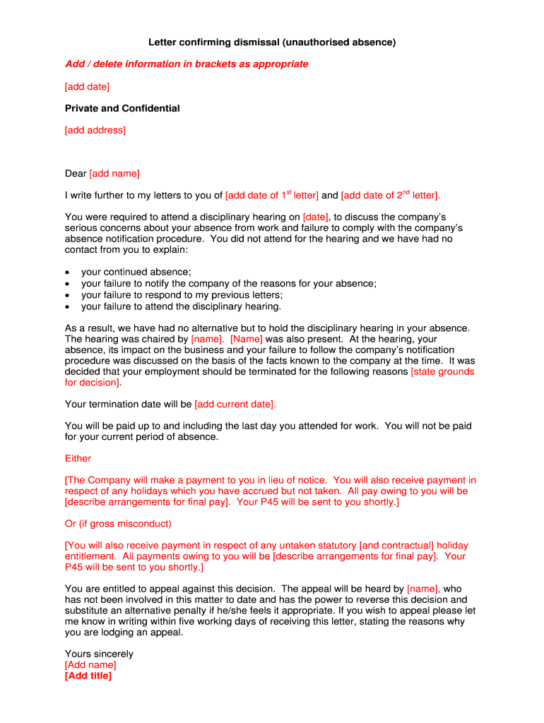 Fillable Online Letter confirming dismissal (unauthorised absence) Fax ...