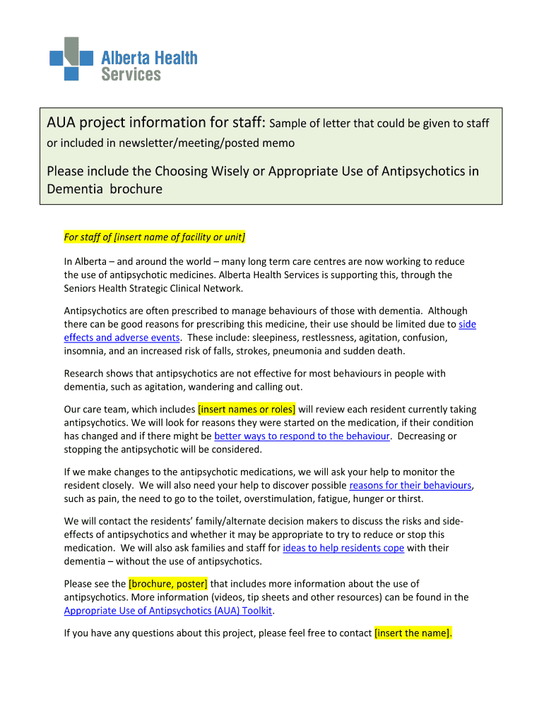 Fillable Online Sample Letter to Inform Staff of AUA Project ...