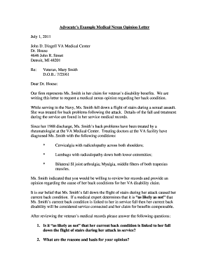 Fillable Online Advocate s Example Medical Nexus Opinion Letter Fax ...