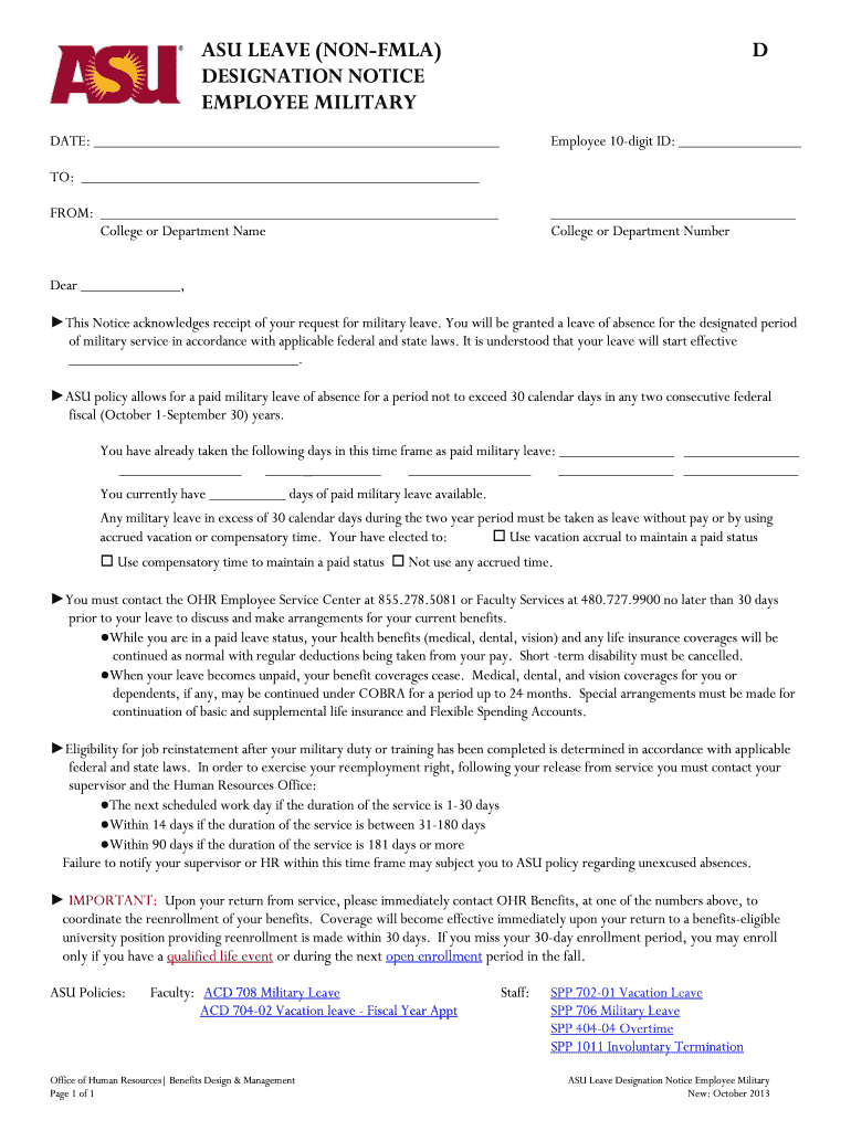 Fillable Online asu leave (non-fmla) d designation notice employee ...