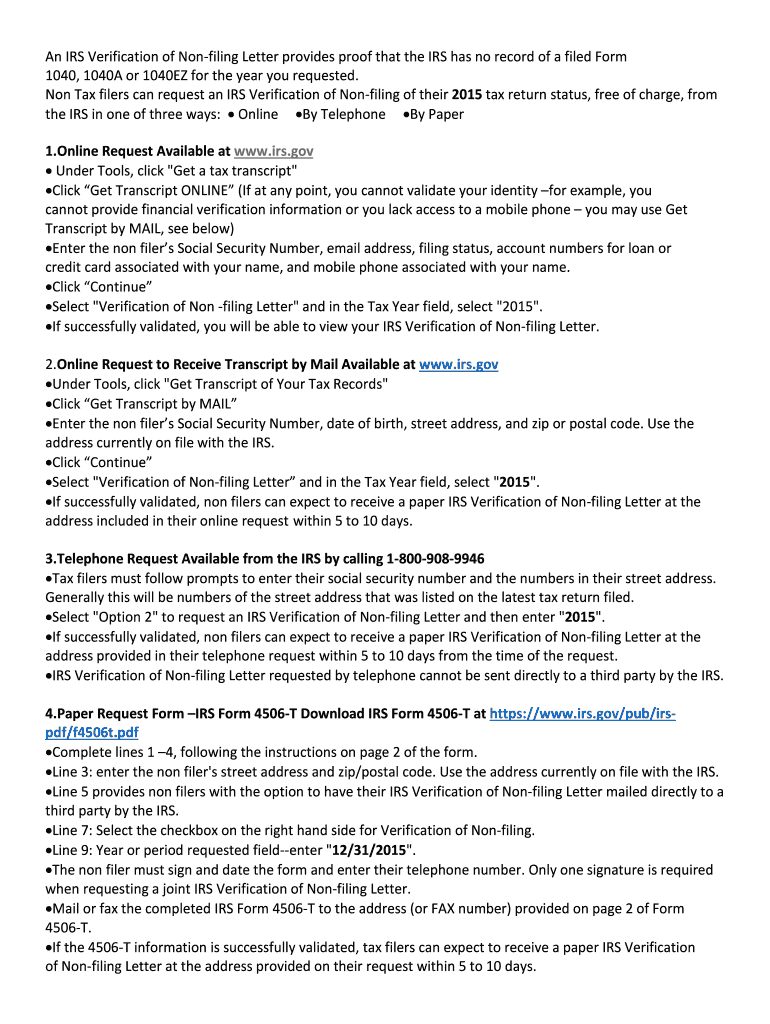 Fillable Online An IRS Verification of Non-filing Letter provides proof ...