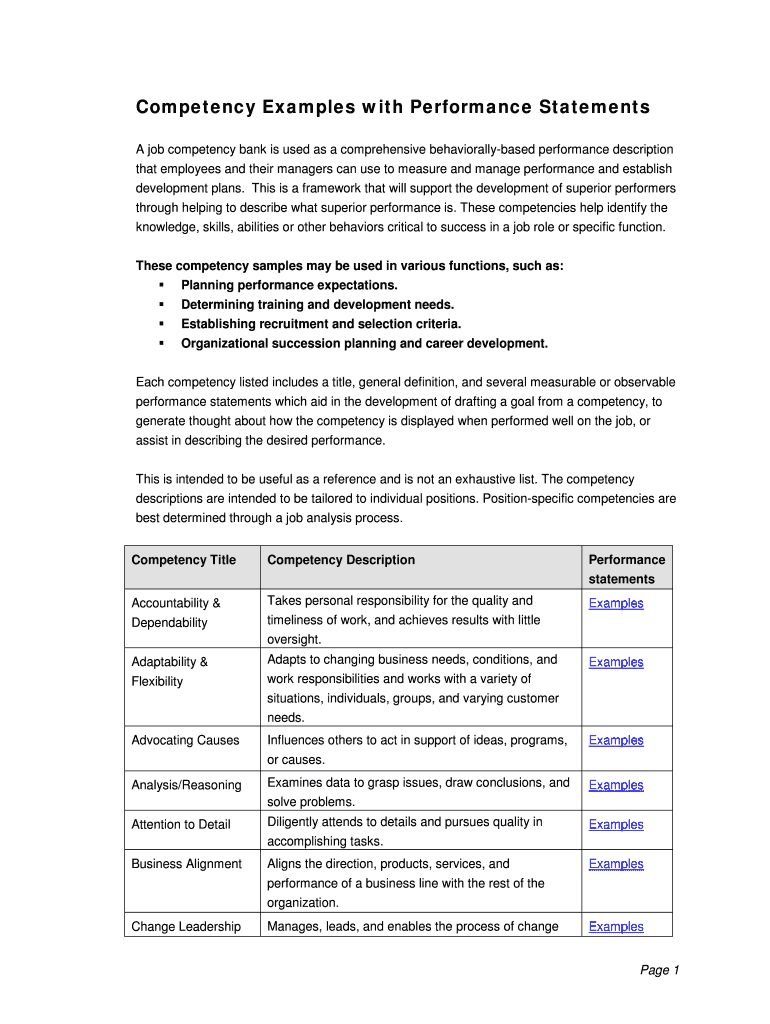 Fillable Online Competency Examples with Performance Statements Fax Email Print - pdfFiller
