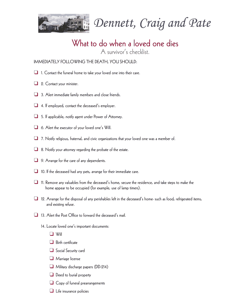 Survivor’s Checklist for Loved One’s Death - Blank Fillable Template ...