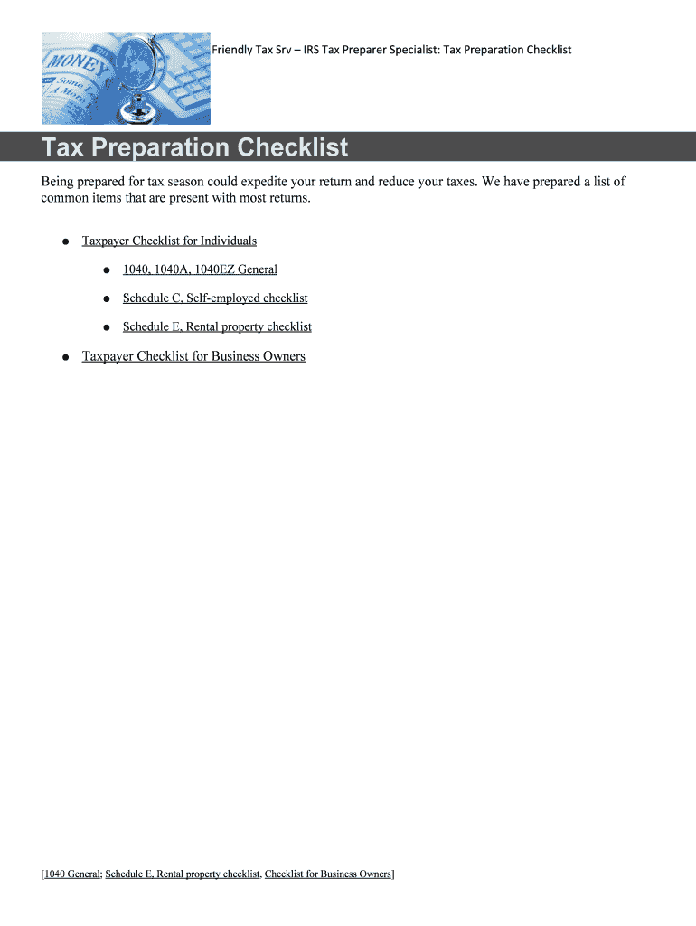 Fillable Online Friendly Tax Srv IRS Tax Preparer Specialist: Tax ...