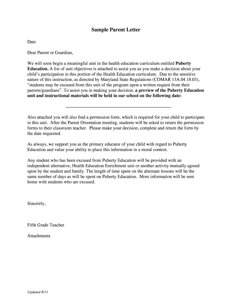 Fillable Online Parent Notification Letter - Puberty Education - Fifth ...