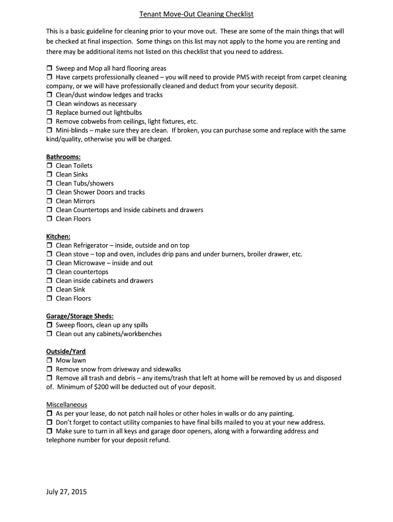 Fillable Online Tenant Move-Out Cleaning Checklist Fax Email Print ...