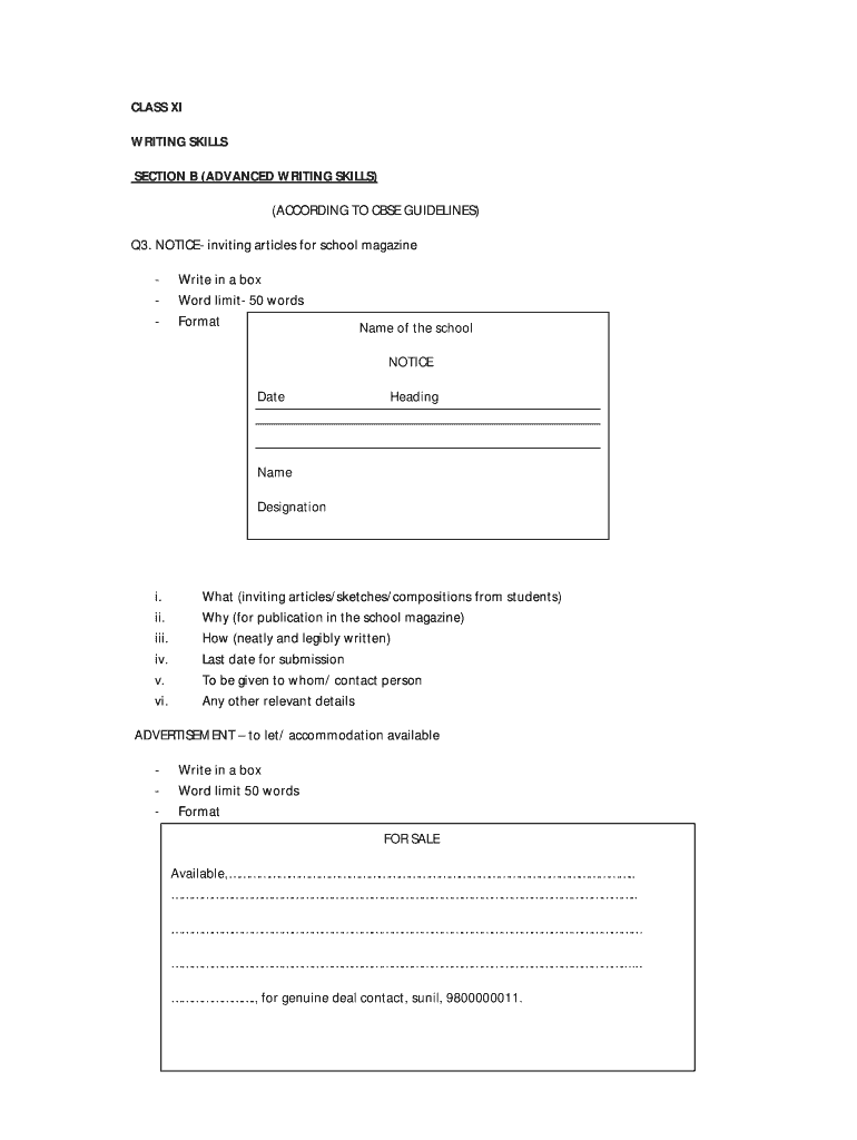 Fillable Online CLASS XI WRITING SKILLS SECTION B (ADVANCED ... - IIS ...