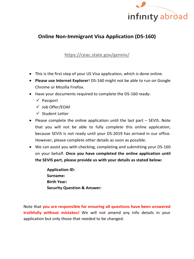 Fillable Online Online Non-Immigrant Visa Application (DS-160) Fax ...