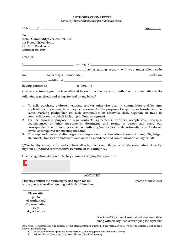 Fillable Online AUTHORISATION LETTER Format of Authorization letter ...