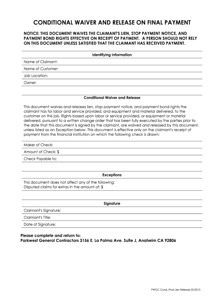 Fillable Online NOTICE: THIS DOCUMENT WAIVES THE CLAIMANT'S LIEN, STOP ...