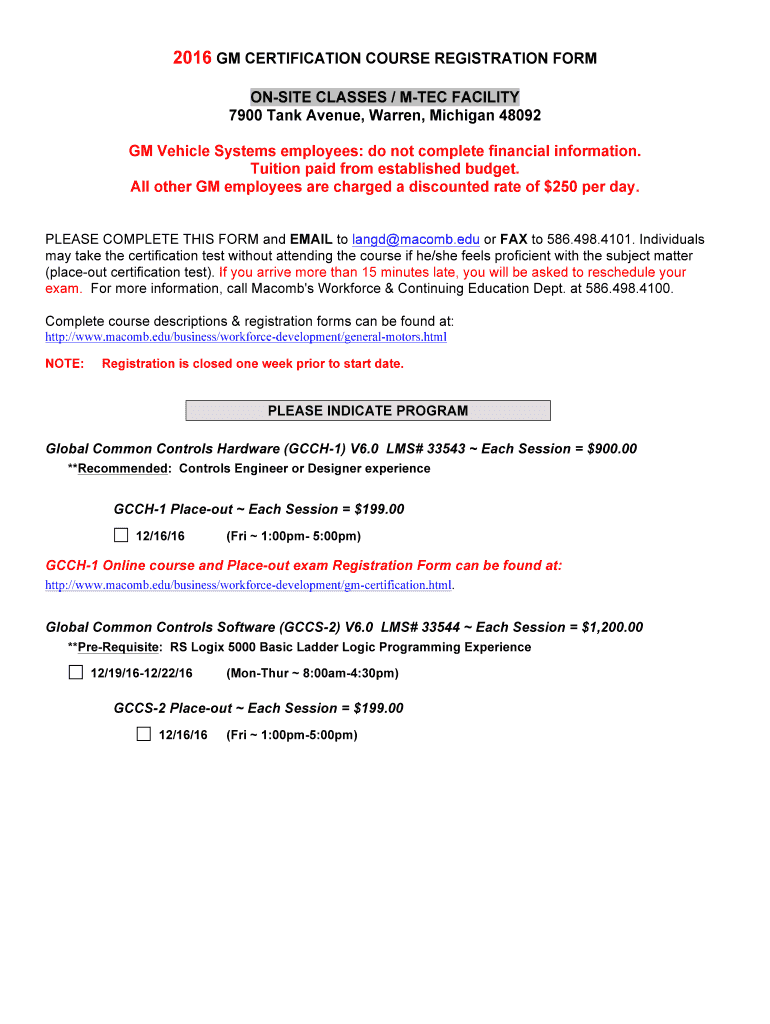 Fillable Online 2016 GM CERTIFICATION COURSE REGISTRATION FORM ON ...