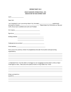 Fillable Online interest sheet sub 2 - Grace Missions International Fax ...