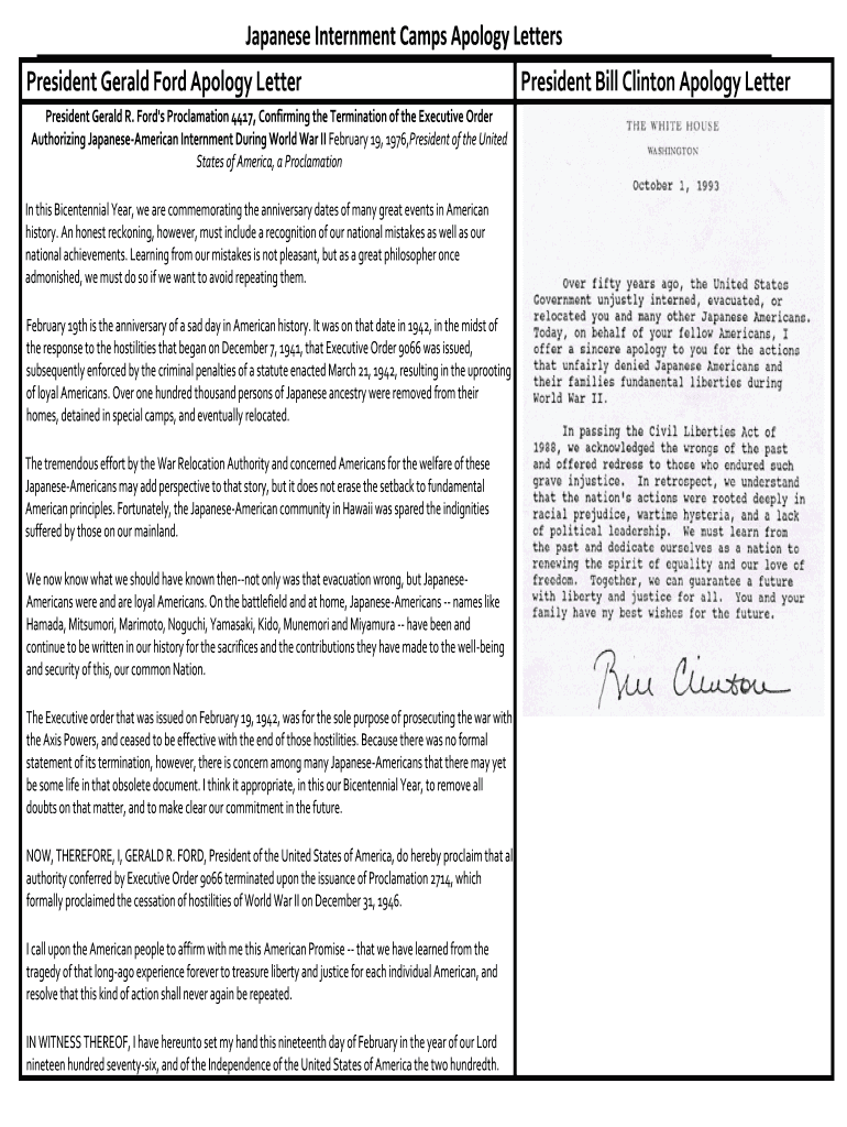 Fillable Online Japanese Internment Camps Apology Letters Fax Email ...