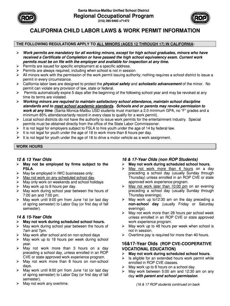 Fillable Online CALIFORNIA CHILD LABOR LAWS Fax Email Print - pdfFiller
