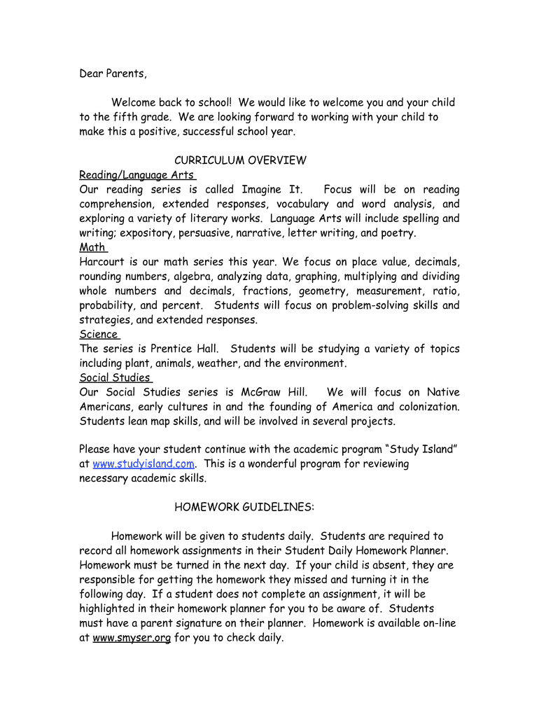 Fillable Online 5th Grade Welcome Letter Fax Email Print - pdfFiller