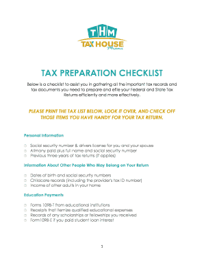 Fillable Online TAX PREPARATION CHECKLIST - Tax House Miami Fax Email ...