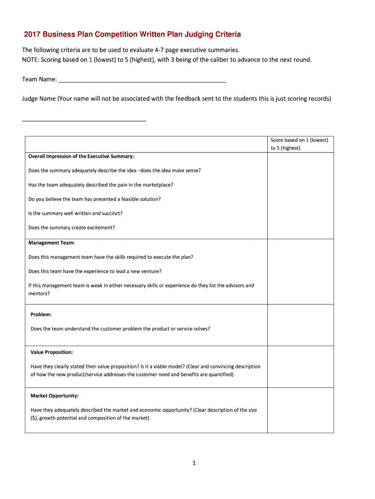 Fillable Online 2017 Business Plan Competition Written Plan Judging ...