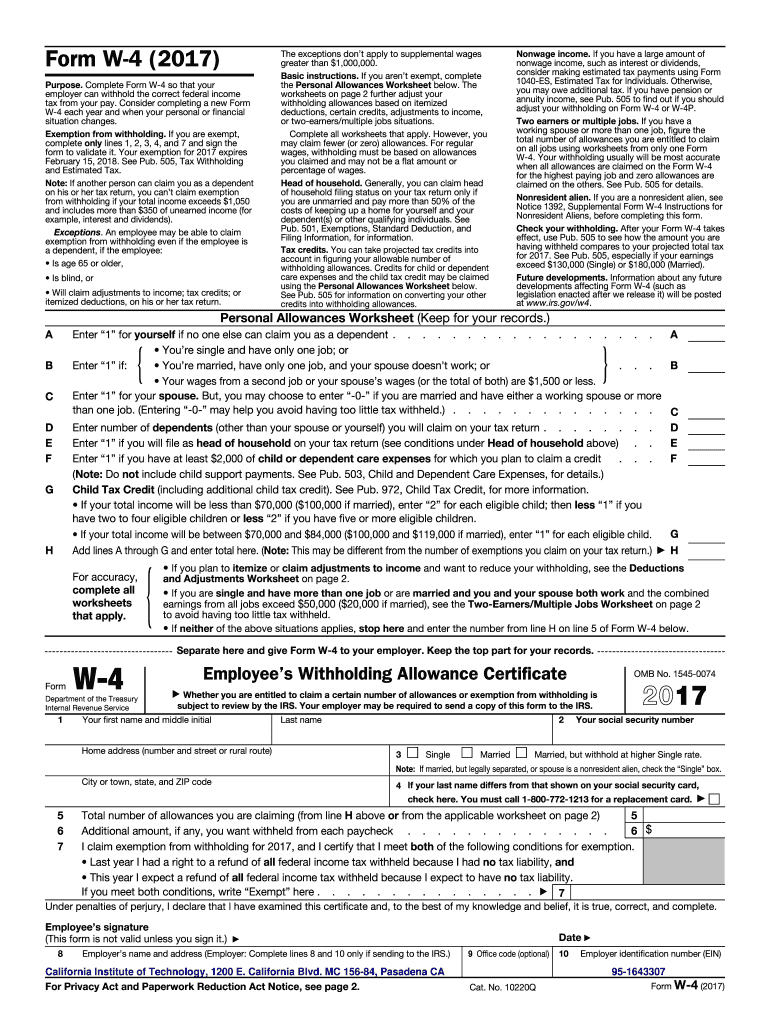 Fillable Online 2017 Form W-4. Employee's Withholding Allowance ...