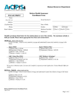 Fillable Online Retiree Health Insurance Enrollment Form Fax Email ...