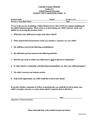 Fillable Online Gifted/Talented Education PARENT INPUT RESPONSE FORM ...