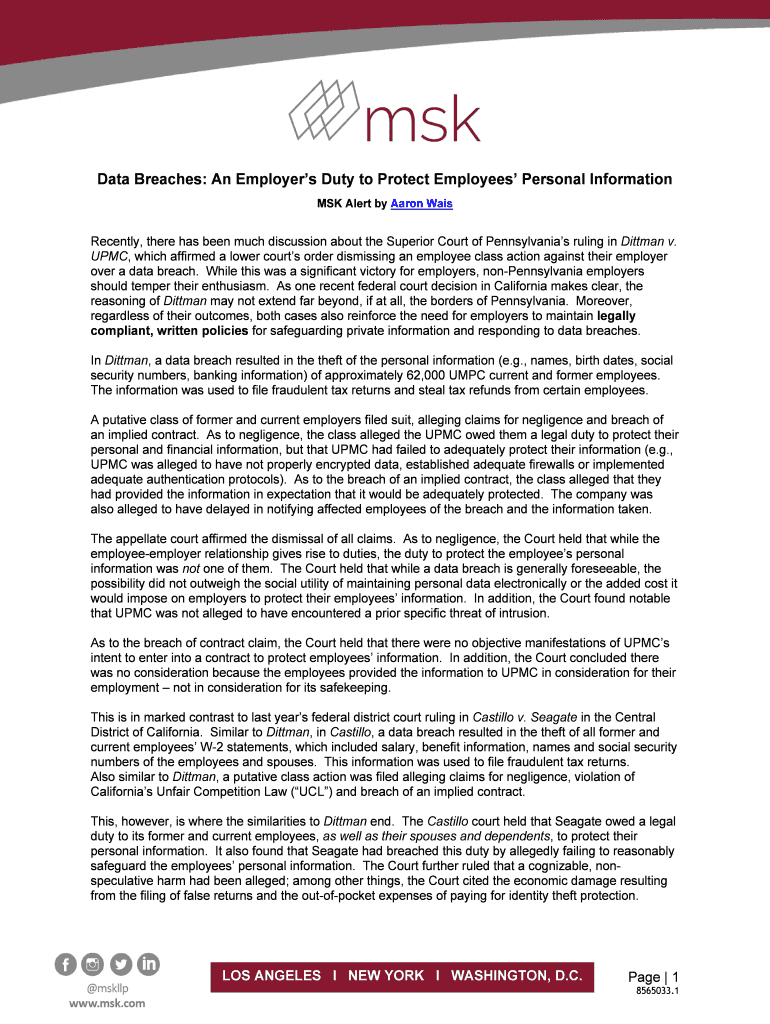 Fillable Online Data Breaches: An Employers Duty to Protect Employees ...