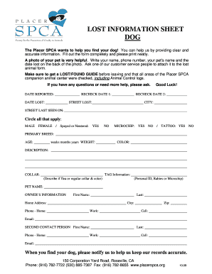 Fillable Online LOST INFORMATION SHEET DOG - Placer SPCA Fax Email ...