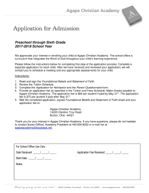 Fillable Online Preschool thru Sixth Grade Application - Agape ...