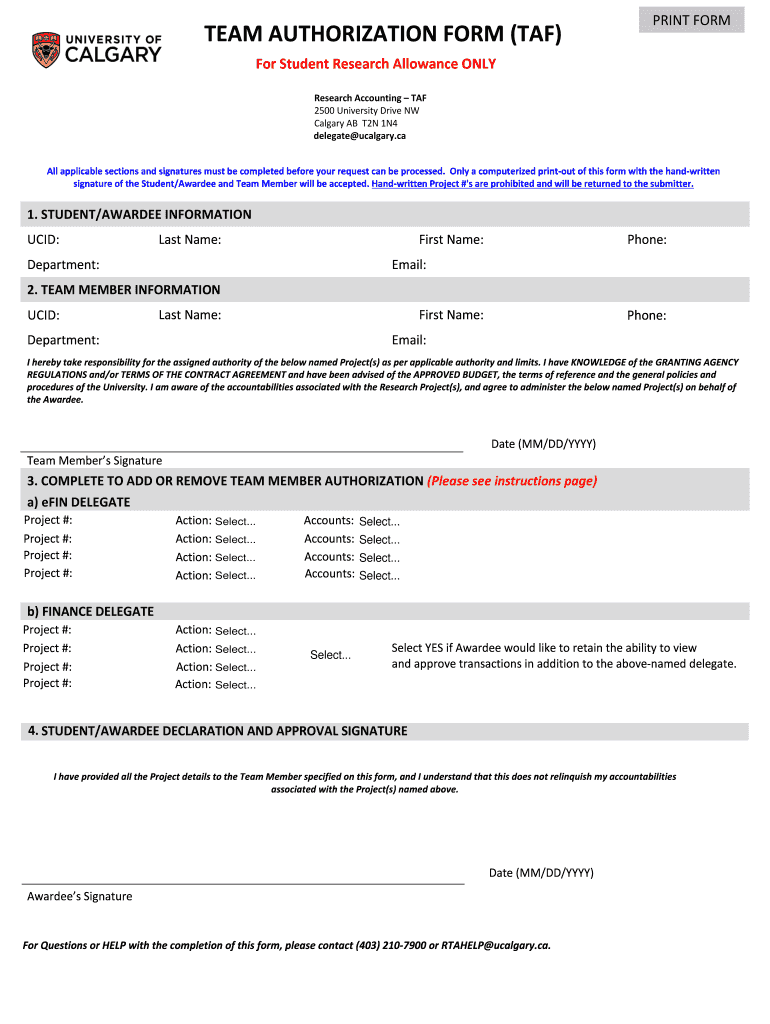 Fillable Online TEAM AUTHORIZATION FORM (TAF) Fax Email Print - pdfFiller