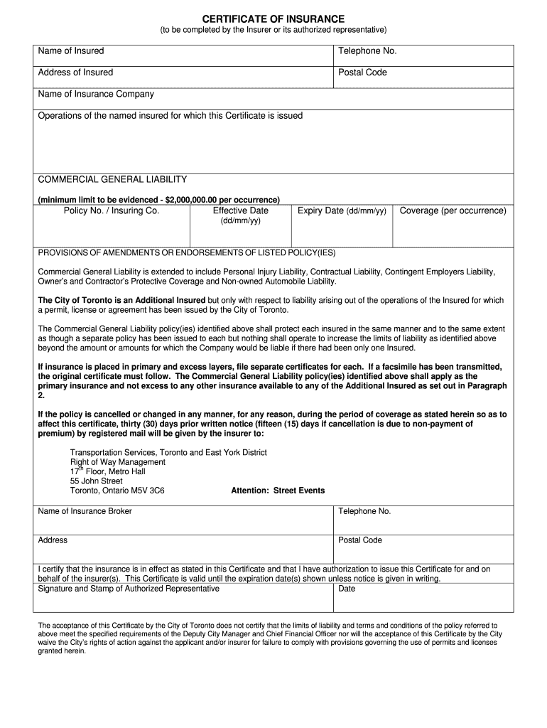 Fillable Online Certificate of Insurance. Certificate of Insurance Fax ...