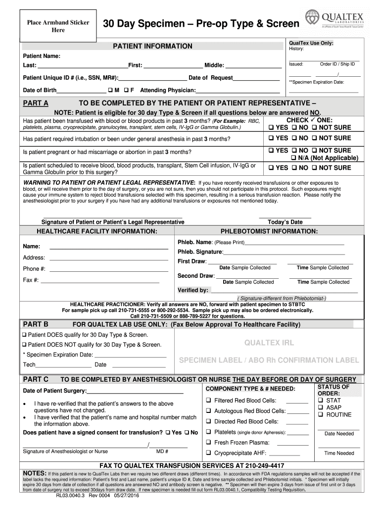 Fillable Online 30 Day Specimen Pre-op Type & Screen Fax Email Print ...