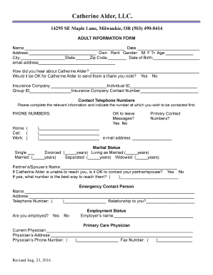 Fillable Online Adult Information Intake Form rev. 8:23:16pdf ...